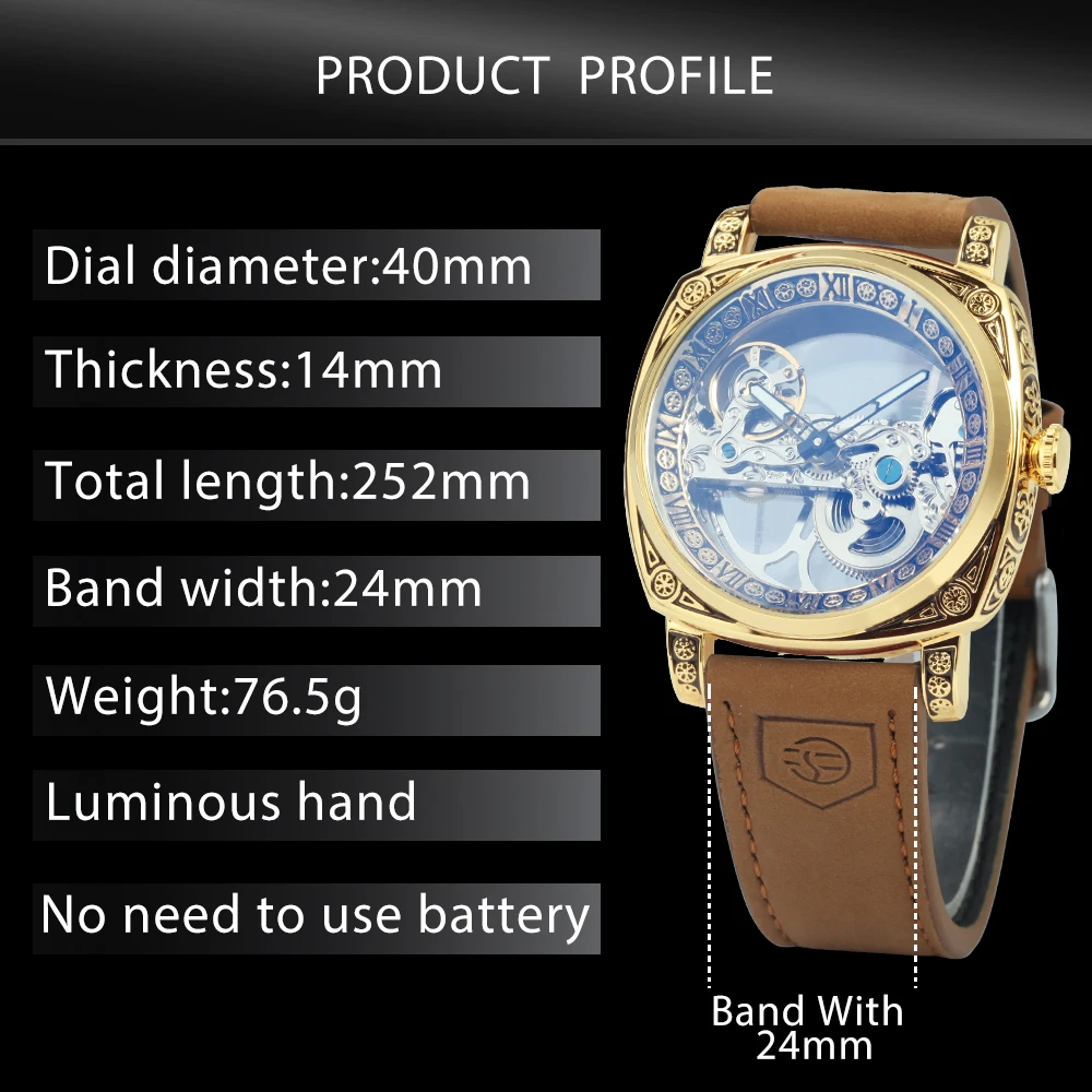 Forsining Square Transparent Skeleton Automatic Watch for Men Retro ...