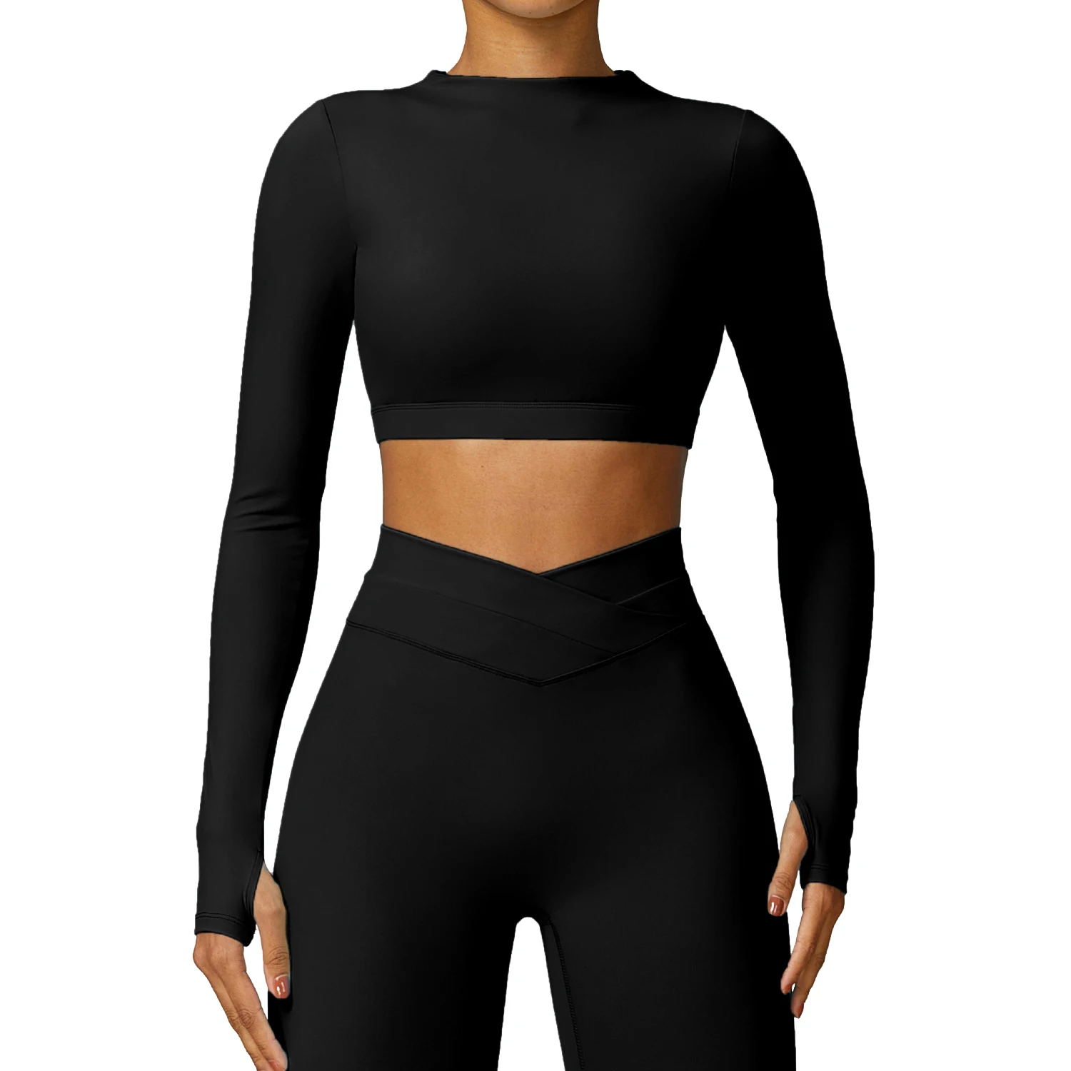 Women Stretchy Compression V Cut Cropped Running Leggings And Tops Set ...