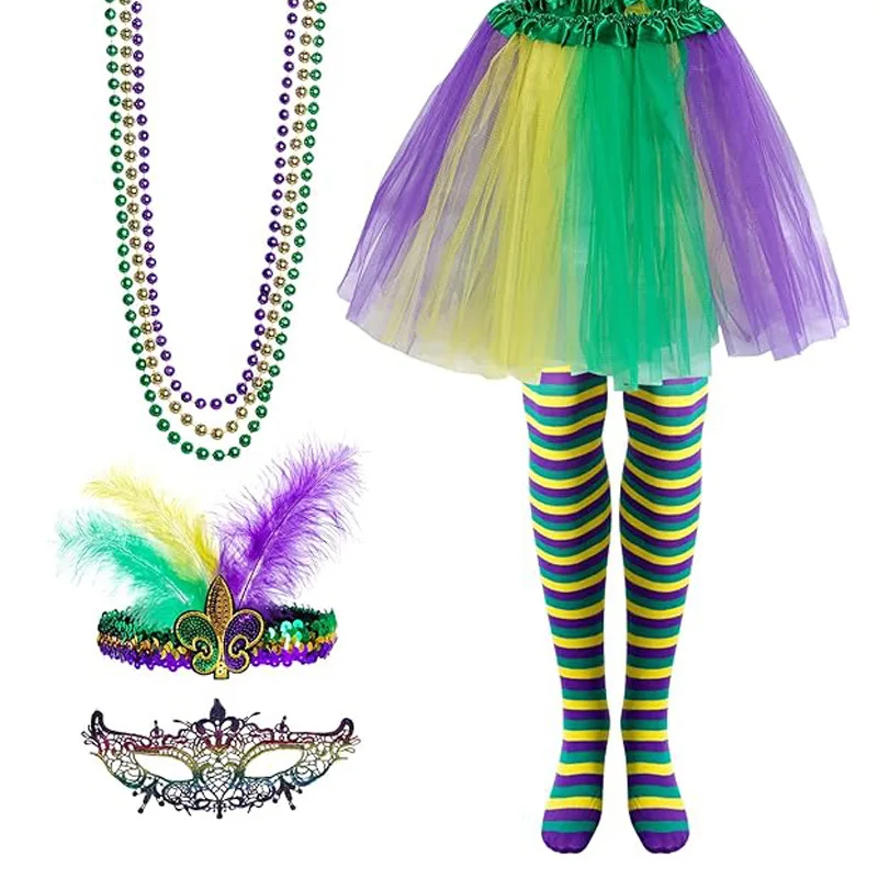 Mardi Gras Costume Accessory Set Tutu Skirt Faux Feather Headband Mask Mardi Gras Beads Feather