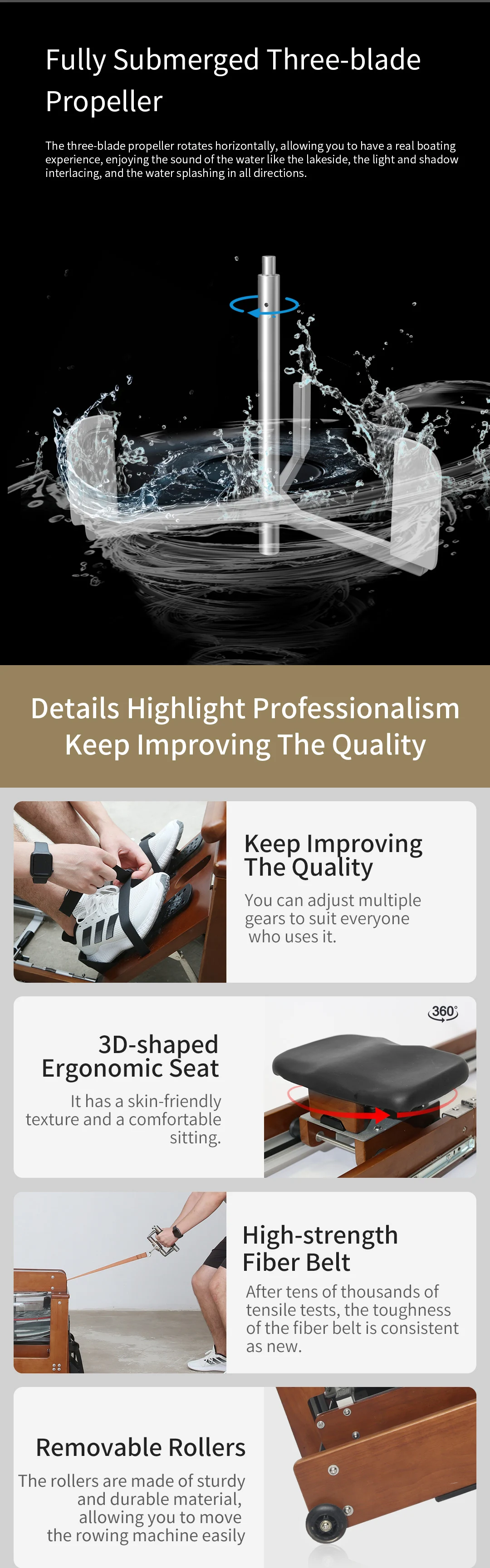 Cardio Equipment Water Rower Machine Foldable Water Resistance Wooden ...