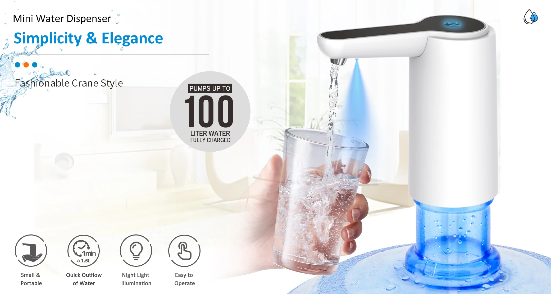 Night Light Rechargeable Water Dispenser - Portable & Efficient