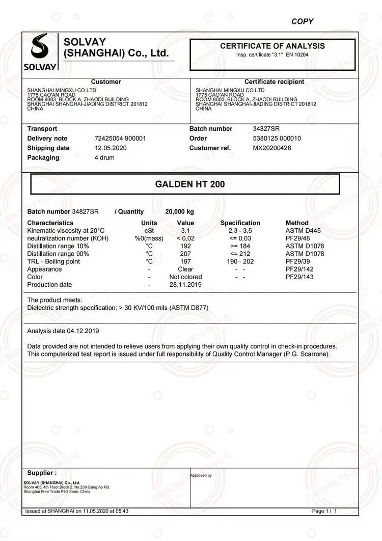 Solvay Galden HT135/170/200/230/270 - PFPE Heat Transfer Fluids