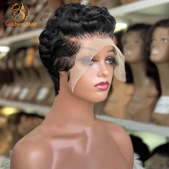 Perruque 13x4 Pixie Cut Wig Human Hair Bleached Knots Lace Frontal ...