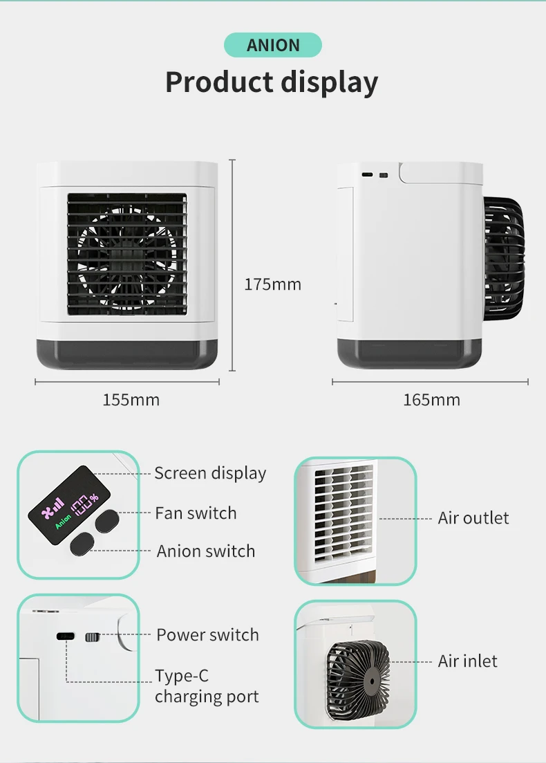 Portable 1000W Smart Anion Air Conditioner With LED Lights Mini USB Air ...