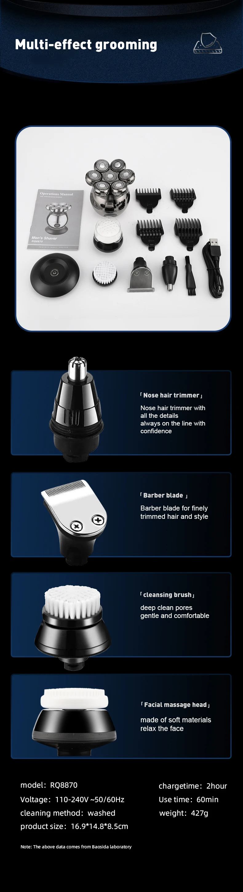 Lanumi RQ8870 Floating Shaver - Multifunctional Electric Clipper for Men