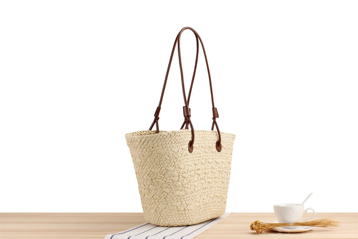 Solid Color Paper Braided Bag Vintage Color Contrast Large Capacity ...