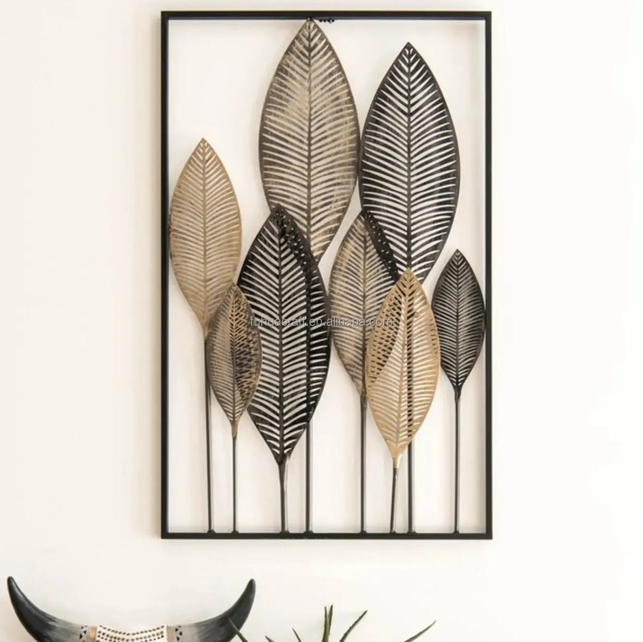 Fuhua Rectangular Metal Leaves Wall Decor Floral Wall Decor Iron Leaves ...
