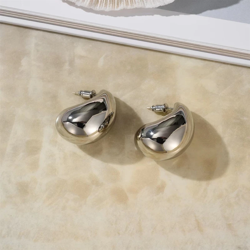 Stainless Steel Designer Water Drop Stud Earrings Chunky Thick Dome ...