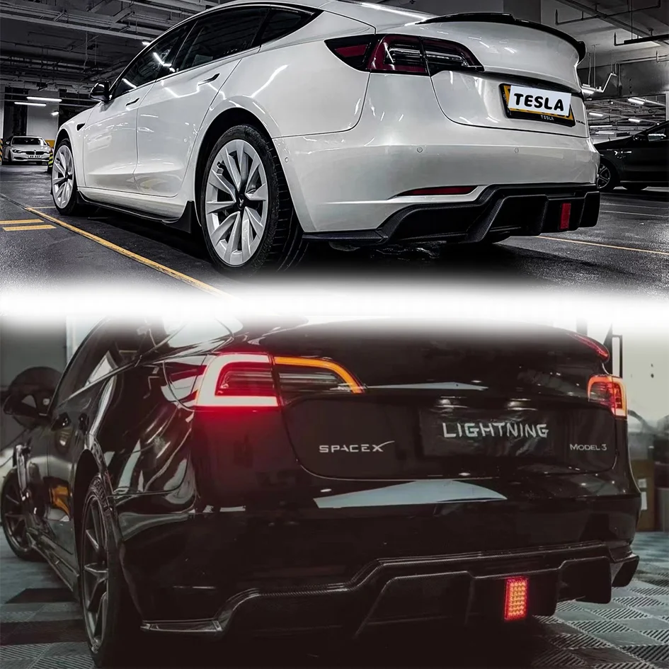 Rear Bumper Extension Look Carbon With Light Rear Lip Bumper For Tesla ...