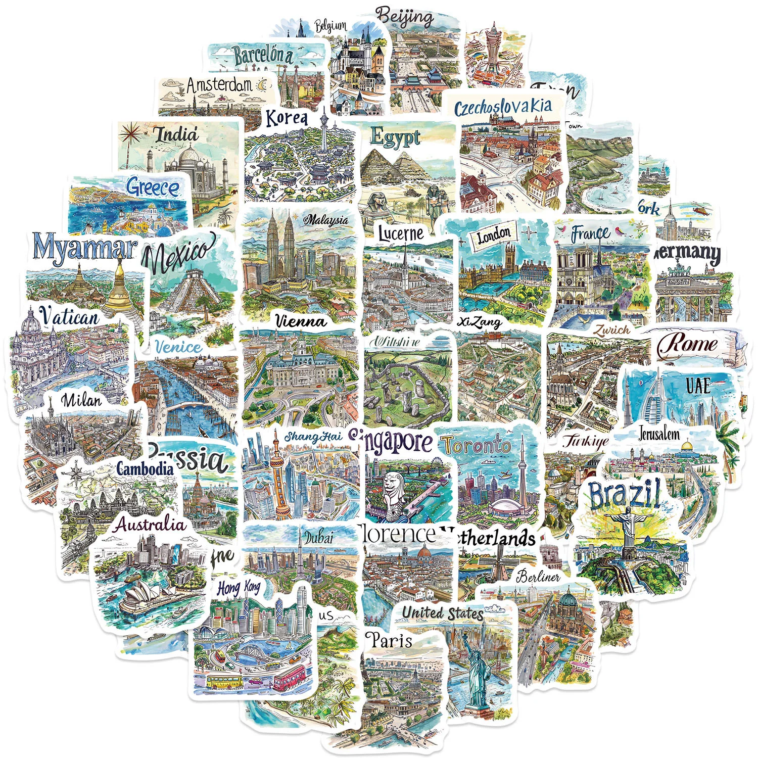 50pcs Hand-drawn Tourist Map PVC Waterproof Sticker Packs for Kids ...