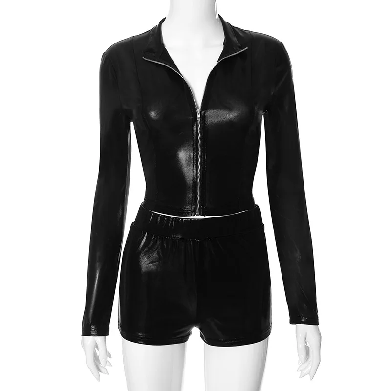 Shop Our Fashion Custom Logo 2 Piece Set PU Leather Clubwear