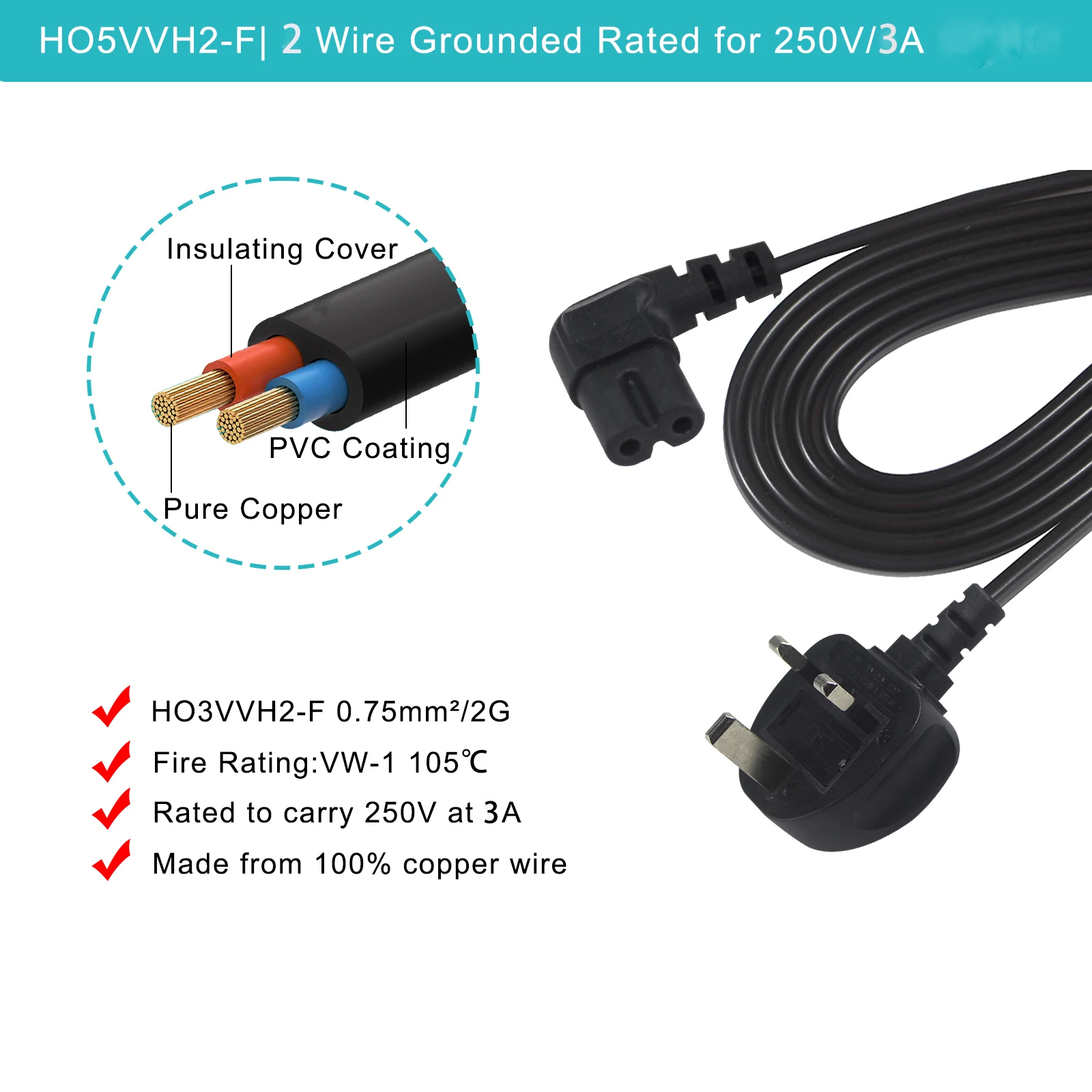 6 Feet 2 Pin Replacement BS 1363 to Right Angled IEC C7 TV Power Lead ...