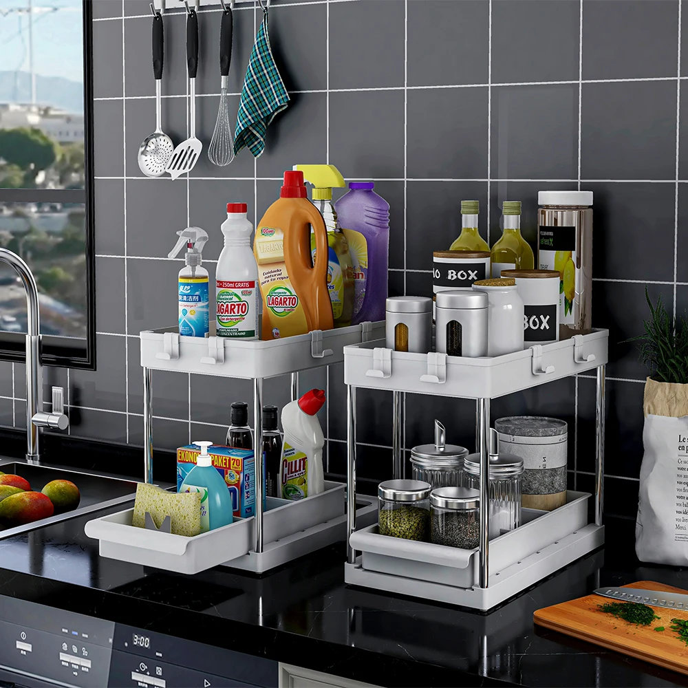 Under Sink Organizer With Sliding Storage Drawer 2 Tier Cabinet Baskets ...
