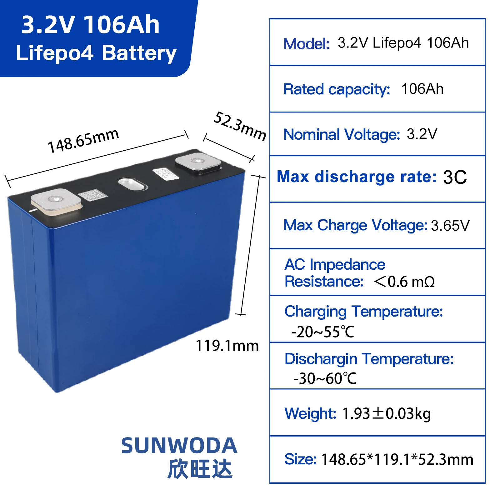 106ah LFP Battery Cell - 3.2V Deep Cycle for 2000 Times