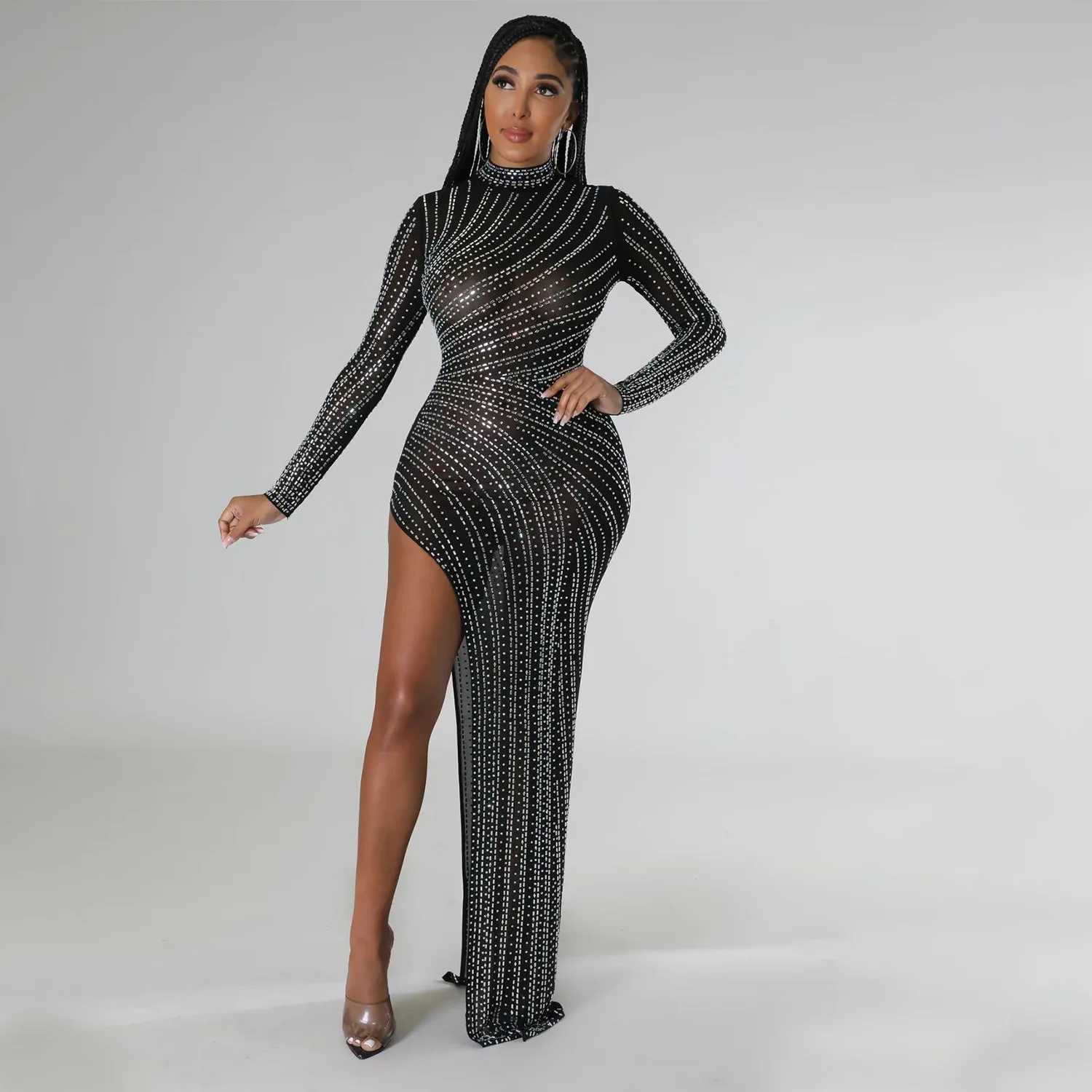 Os Autumn And Winter New Women's Clothing Sexy Mesh Rhinestone Long ...