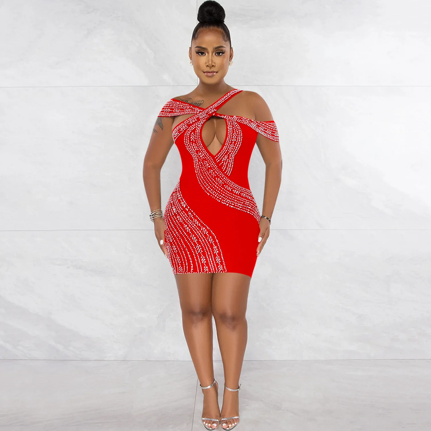 Sexy Nightclub Rhinestone Hollowed-out Mini Dress For Women Skinny Club ...