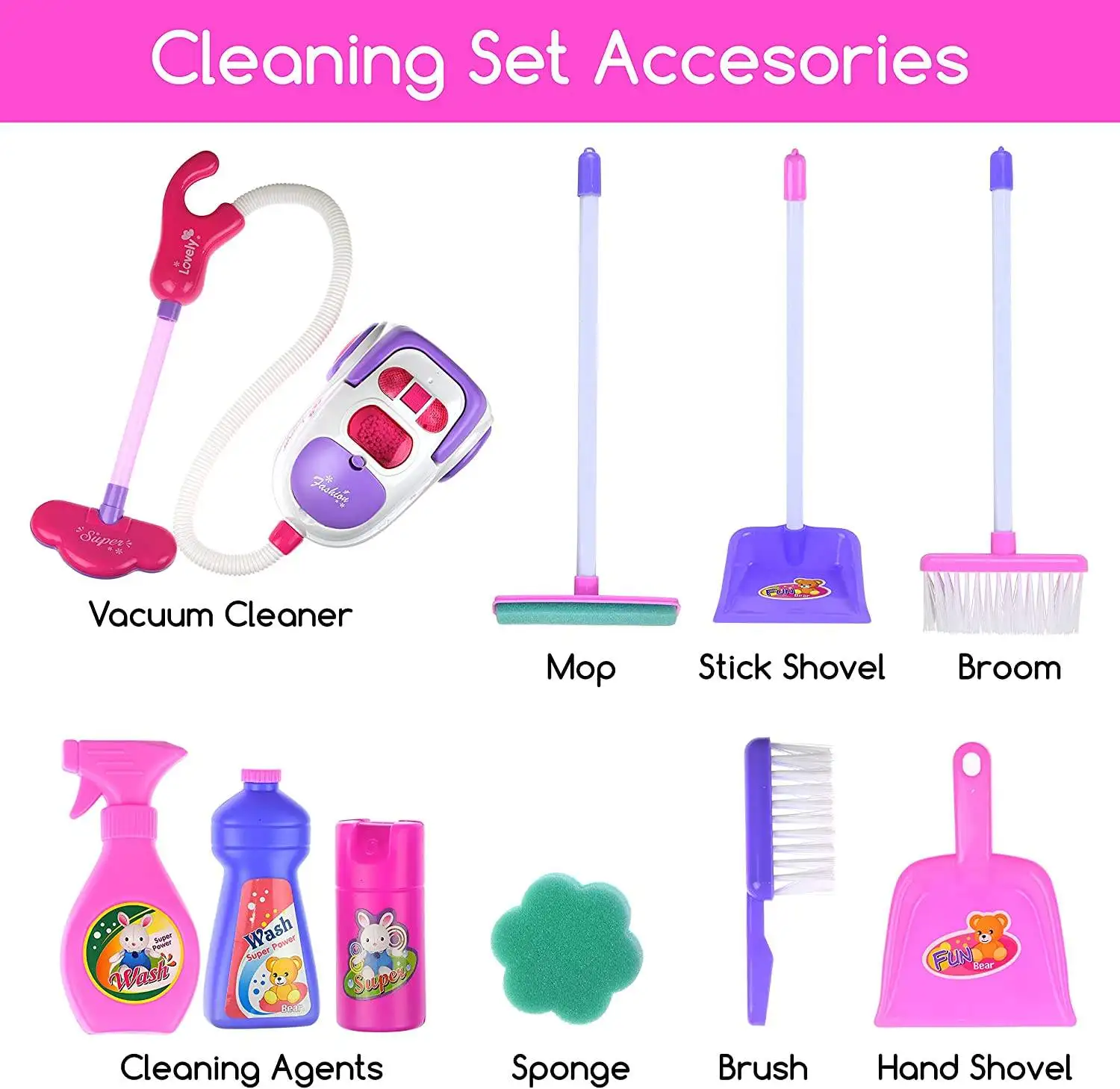 Magical Play Set For Kids With Toy Vacuum Cleaner Mop Broom Sponge ...