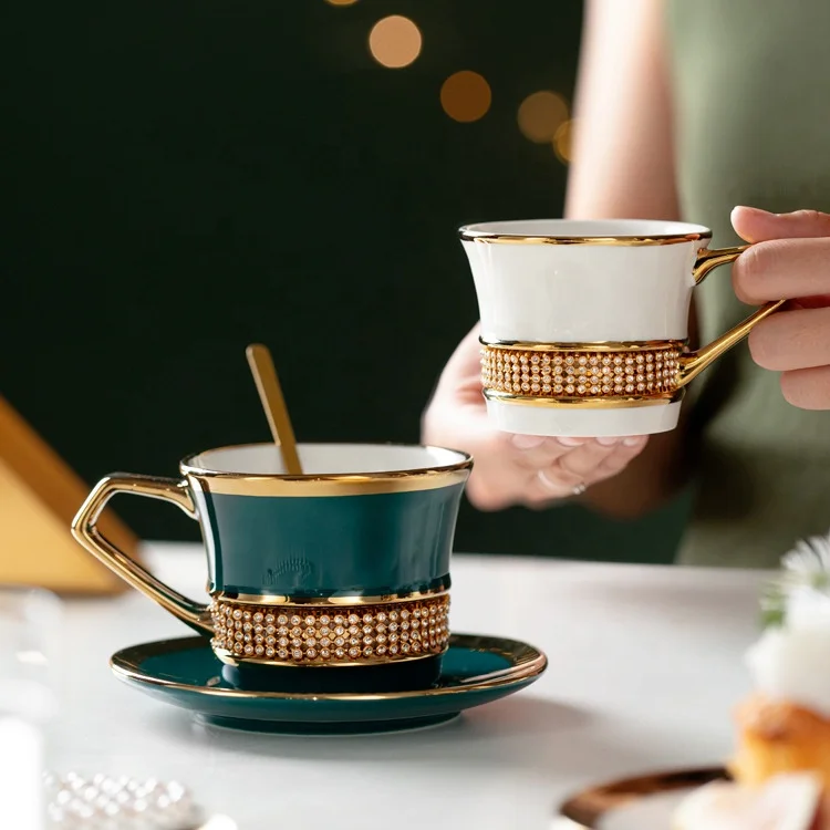 Luxury Rhinestone Coffee Cup And Saucer Gold Handle Ceramic Tea Cup ...