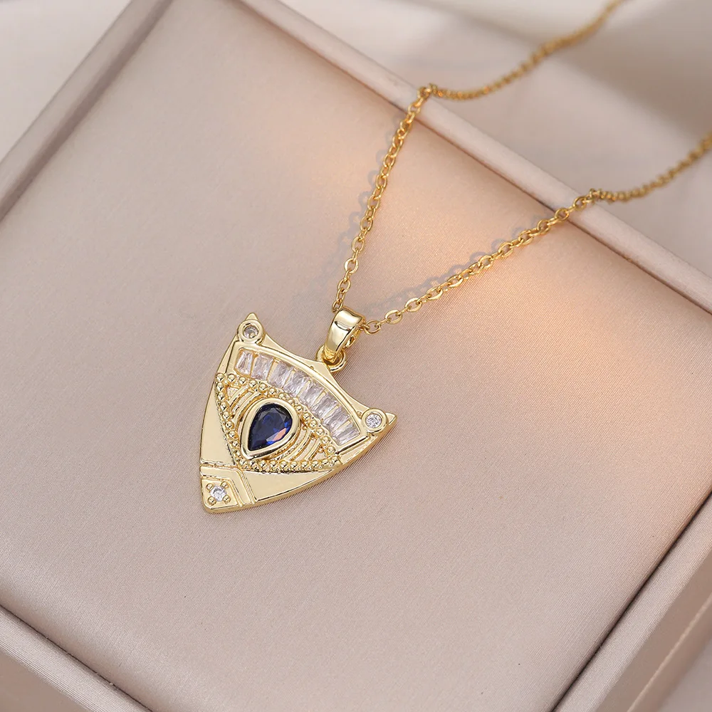 Ancient Egypt Triangular Eye Copper Zircon Women Necklace Shiny Blue ...
