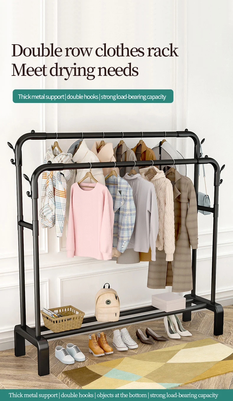 Wholesale Upgraded Double-Rod Metal Cloth Rack with Hooks