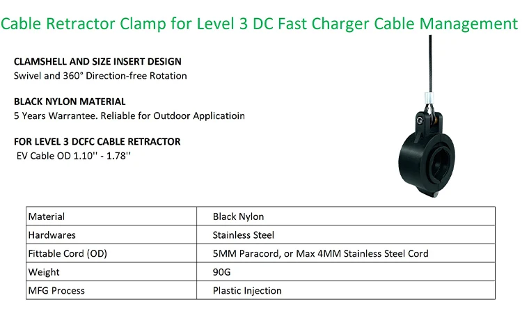 DC Fast Charge Cable Retractor Clamp - Black Nylon Clip