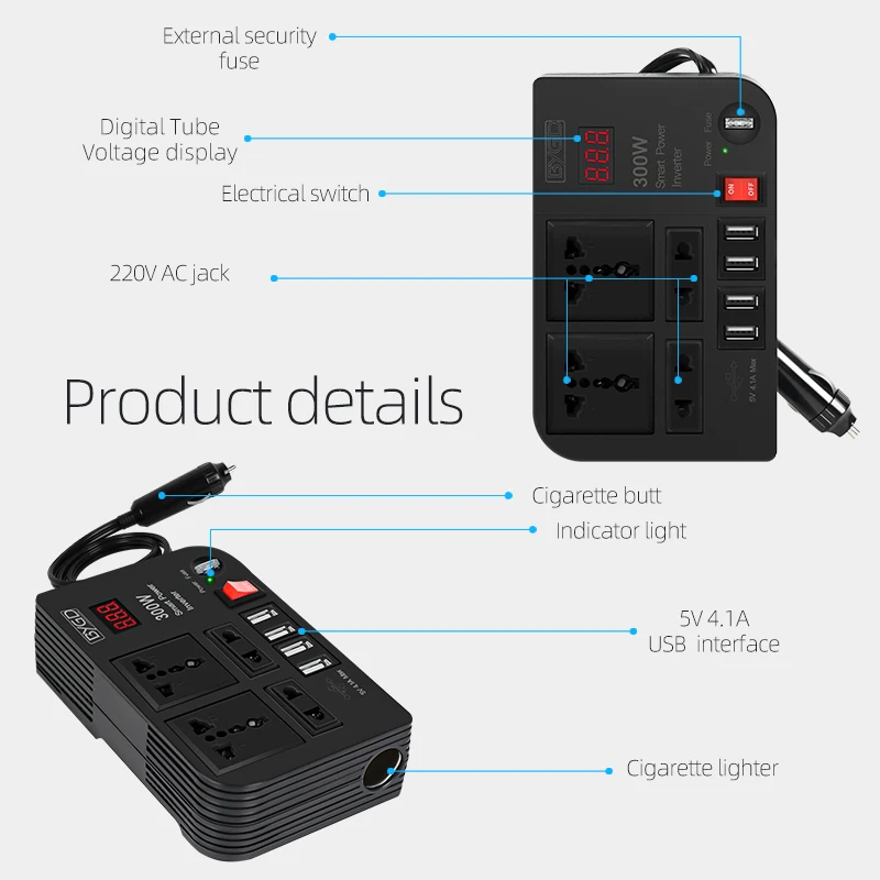 Car Battery Inverter 12V to 220V - 300W High Power Charger