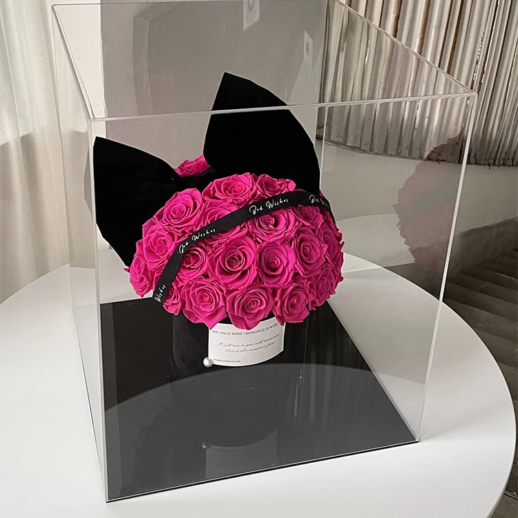 Bowknot Eternal Flower Embracing Bucket Preserved Rose in Acrylic Box ...