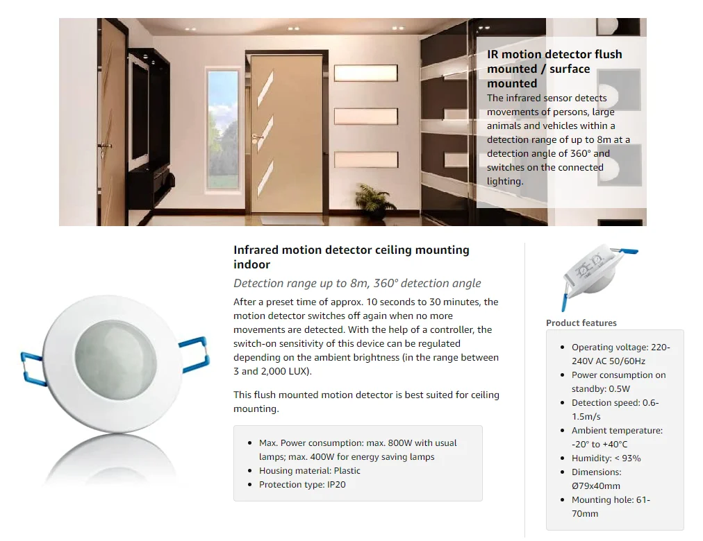 PIR Sensor Ceiling Indoor 360 Degree - Motion & Light Control