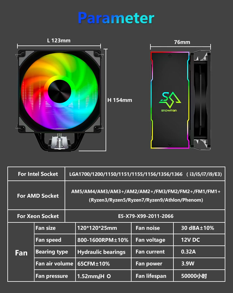 Snowman MT4-V3 ARGB CPU Cooler - Silent 4-Pin RGB Fan