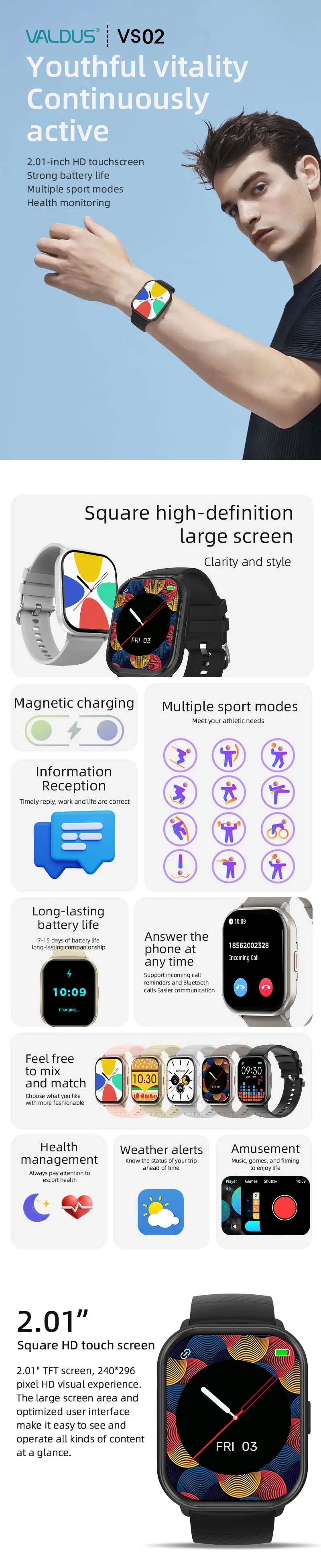 VALDUS Smartwatch - IP68 Waterproof, Heart Rate & Oxygen