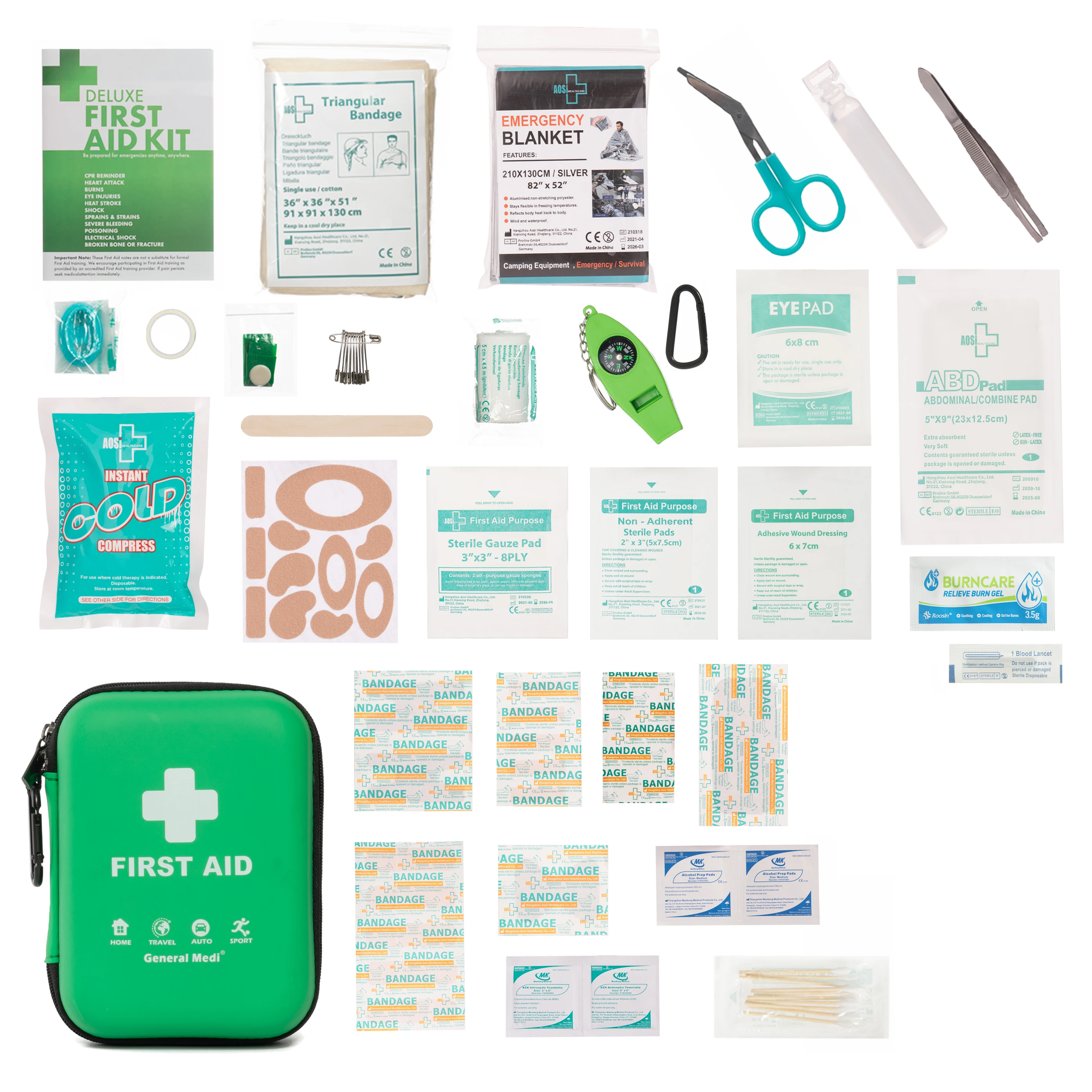 170 Pieces Green First Aid Emergency Kit Durable First Aid Box First ...