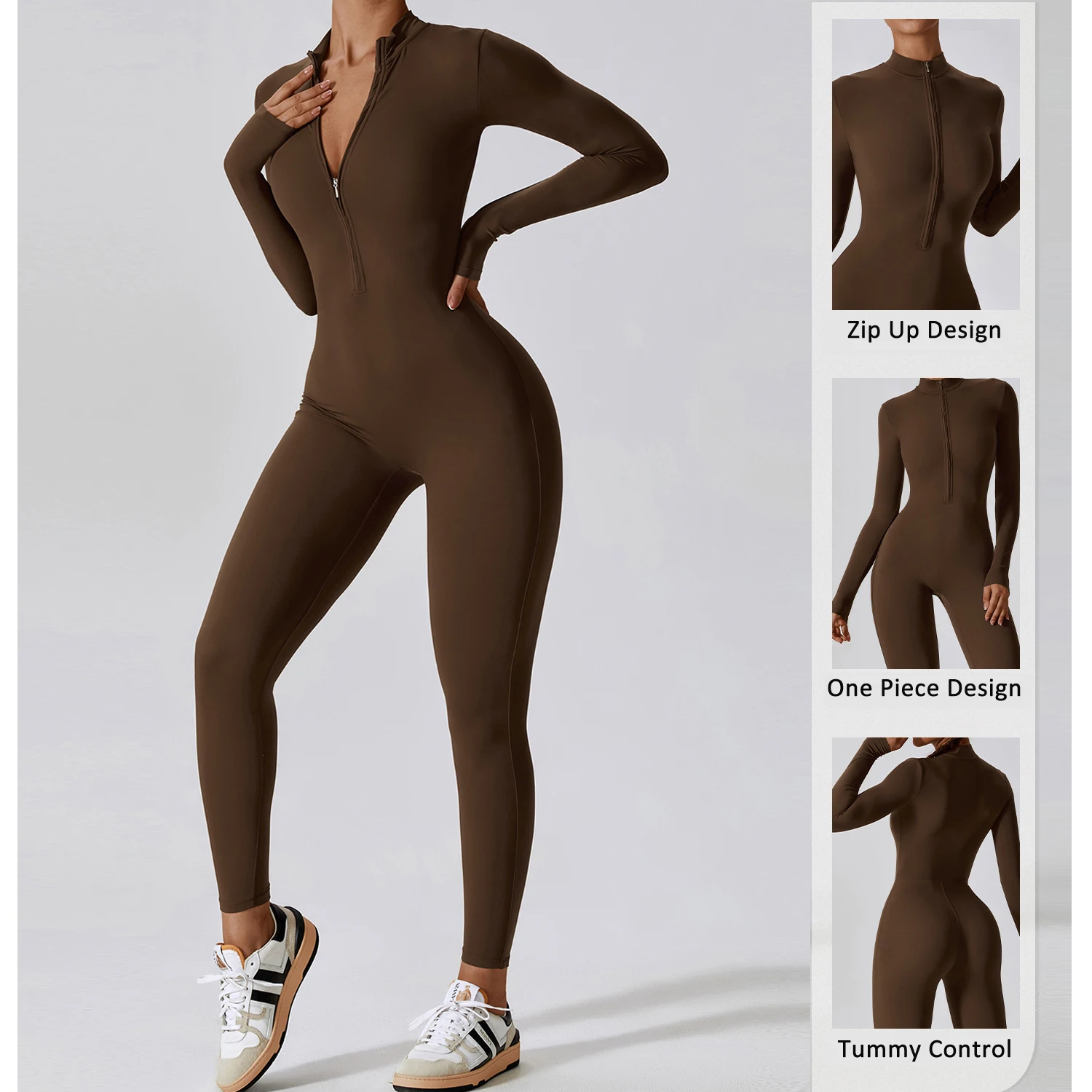 Zip Up Long Sleeve Bodysuit Jumpsuits Women One Piece Sets Activewear Athletic Wear For Yoga ...