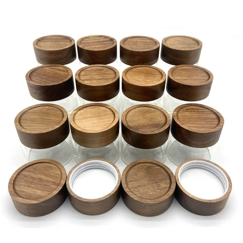 Thread Type Borosilicate Glass Storage Jars With Airtight Acacia Wooden ...