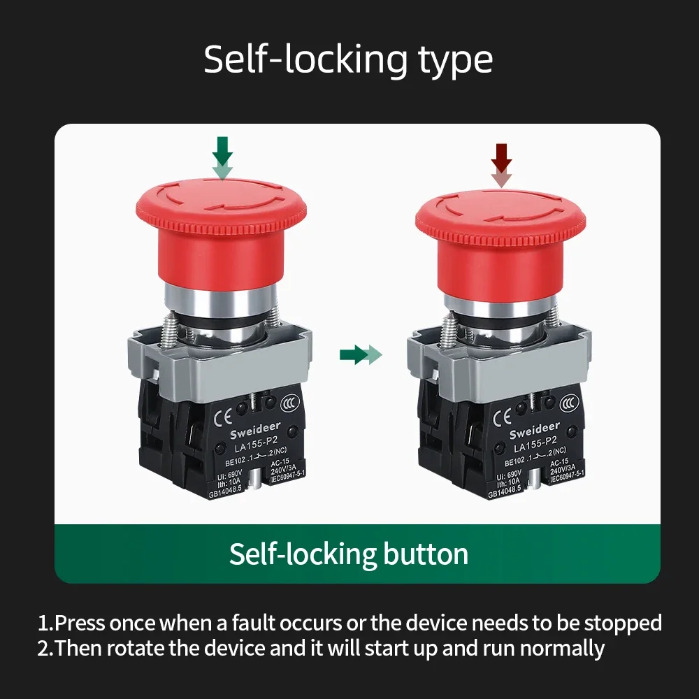 22mm Mushroom Head Emergency Stop Button Switch With Key 10a Waterproof Self-locking Engine ...