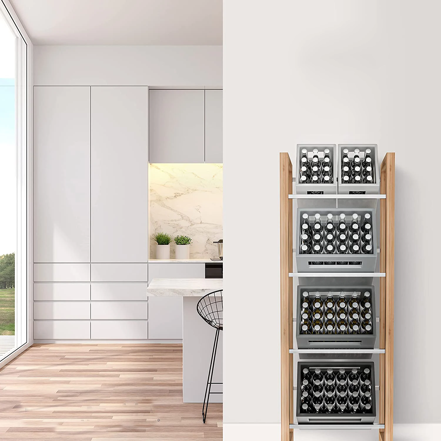 Bamboo Wooden Sturdy Drinks Shelf Crate Rack With Stainless Steel Tubes ...