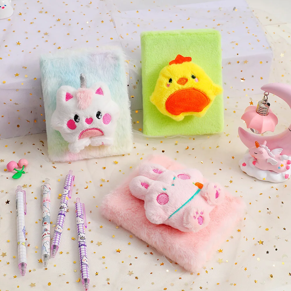 School Kids Fluffy Diary Cartoon Cute Mini Small Plush Notebook for Girls