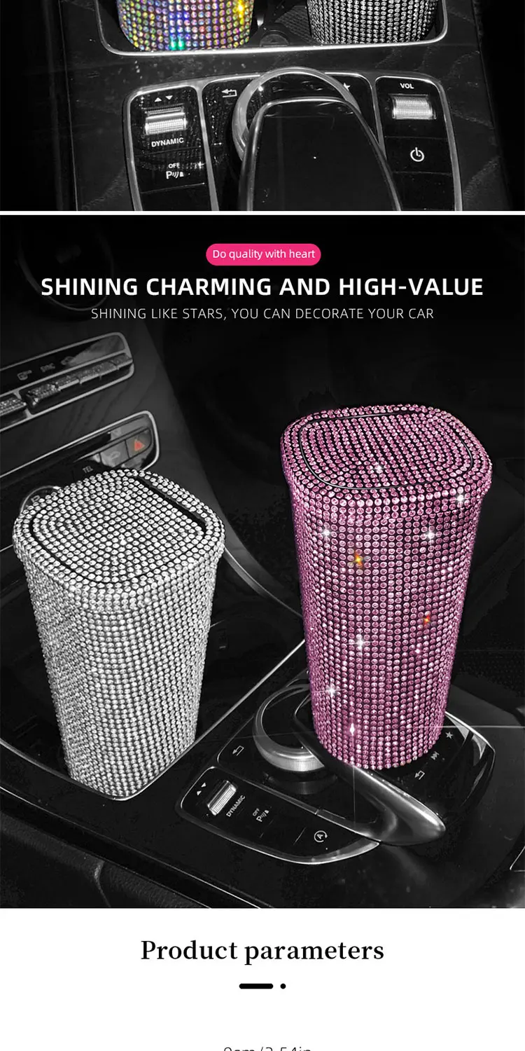 Portable Bling Car Trash Can With Lid Plastic Mini Garbage Storage Box ...