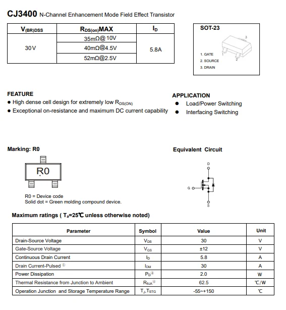 Sot-23 Plastic-encapsulate Mosfet Cj3400 N-channel Enhancement Mode ...