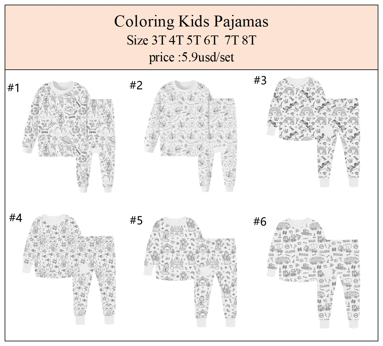 Custom Kids Coloring Pajamas Long Sleeve Cotton PJs ODM