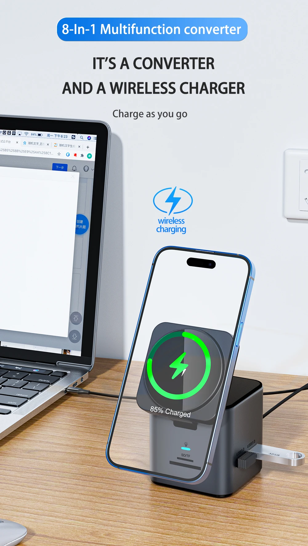 New Arrival 8 in 1 Type-c Multiport Hub With 4k@30hz HDTV SD/TF 10W ...