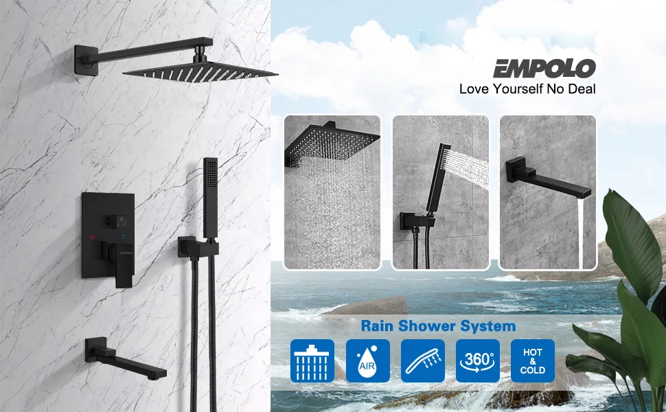 Empolo Cupc Luxury Black Hidden Wall Concealed Rain Shower Mixer Set ...