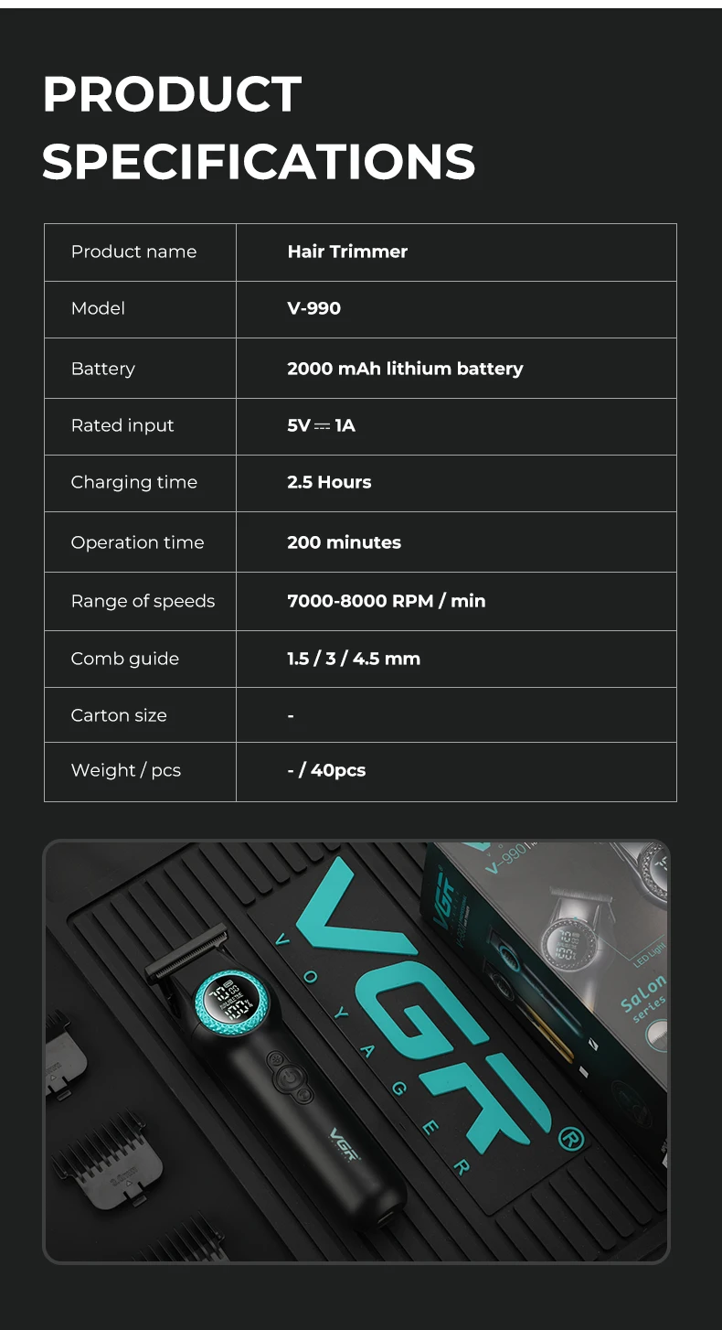 VGR V-990 Barber Cordless Rechargeable Professional Hair Trimmer for Men