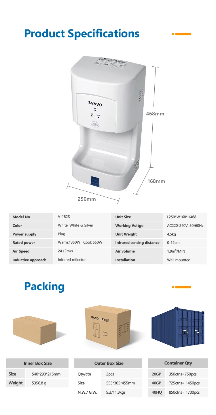 Svavo 유일한 자동적인 전기 손 건조기 화장실을 위한 백색 30m/sec 1350w 1350 5.7a - Buy 자동 전기 ...