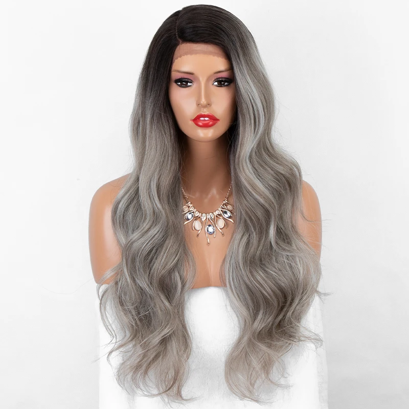Long Ombre Gray Wig Body Wave 13x2.5 Synthetic Lace Front Wig For Women ...