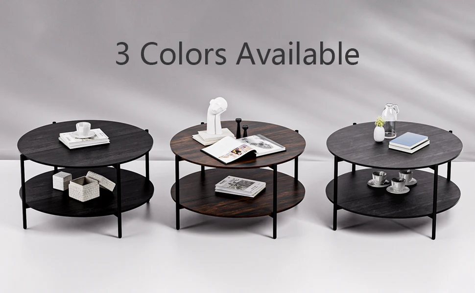 AJUNION Walnut Wood Round Coffee Table 2-Tier Storage Circle Coffee ...