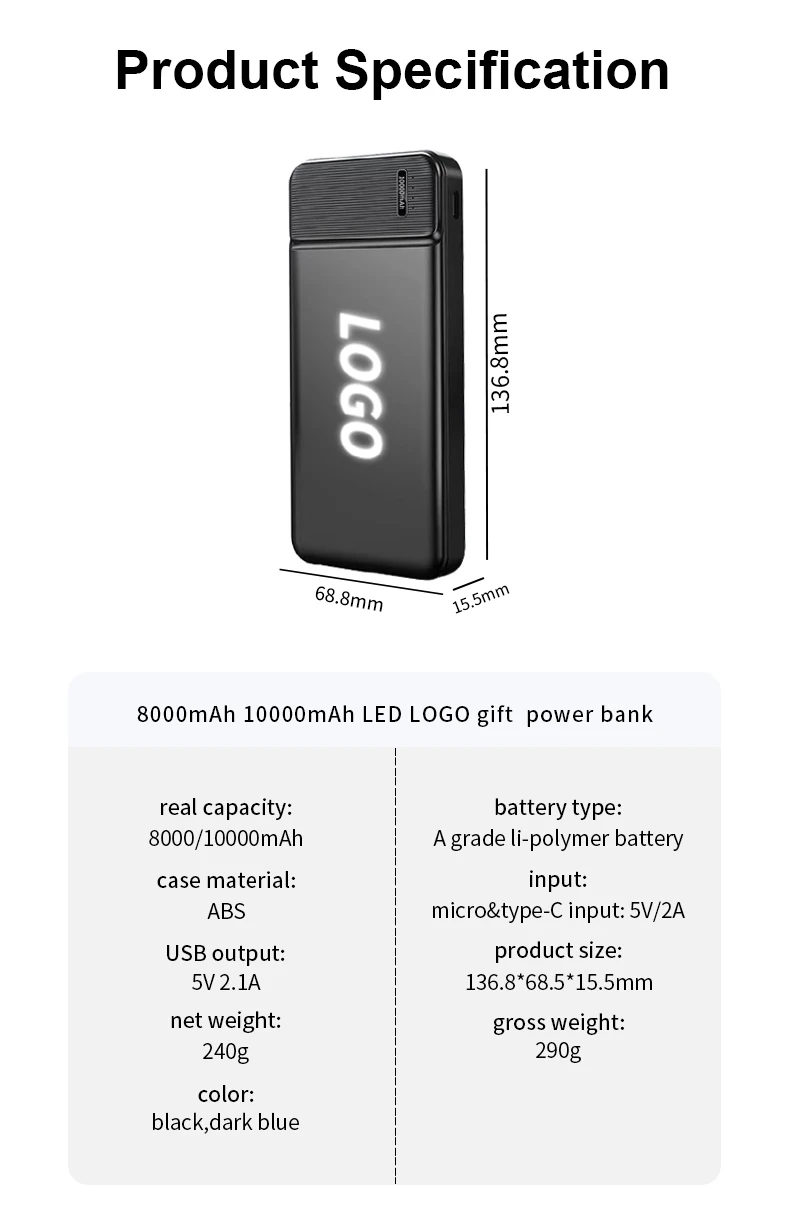 Luminous LED Power Bank 10000mah - Custom Logo Gift
