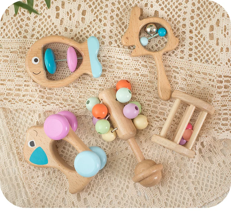 Wooden Baby Color Hand Rattle Set - Early Education Toy