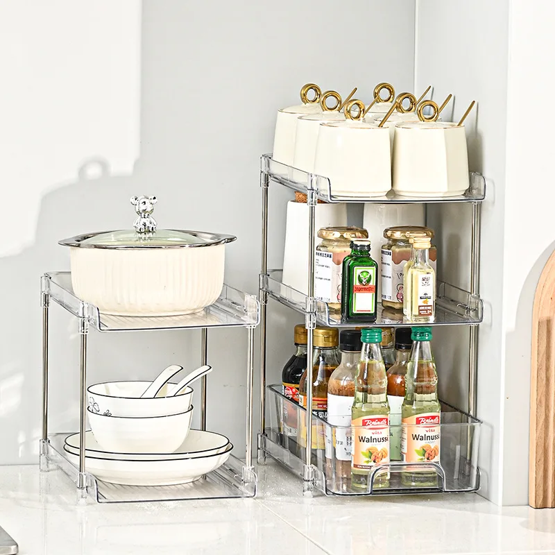 2 Tier Plastic Stackable Clear Pull Out Cabinet Dividers Organizers And ...