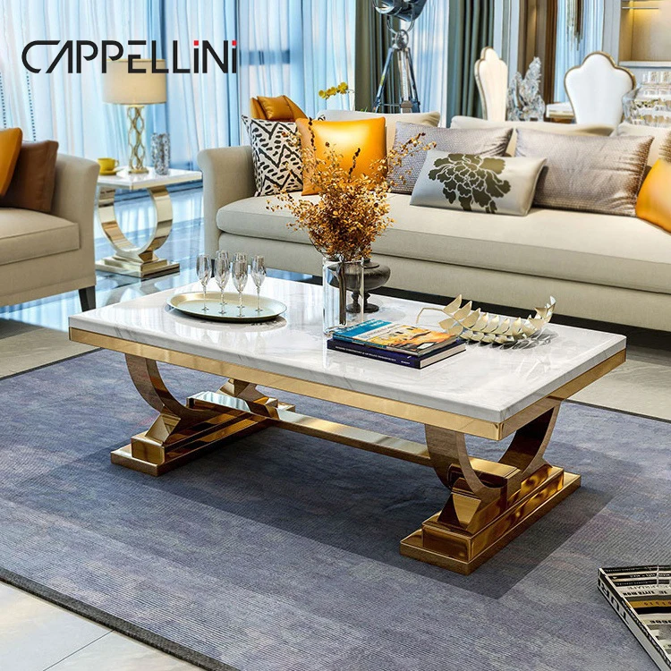 Italian Modern Home Furniture Gold Metal Center Table Slate Villa ...