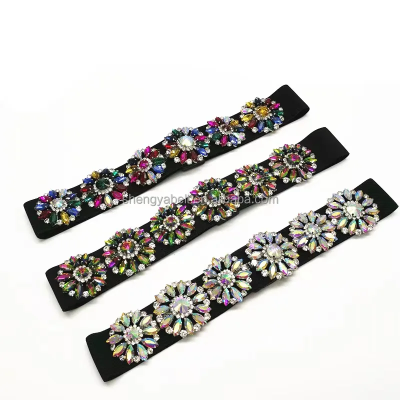New Fashion Luxury Bling Shiny Elastic Rhinestone Flowers Belt Full ...